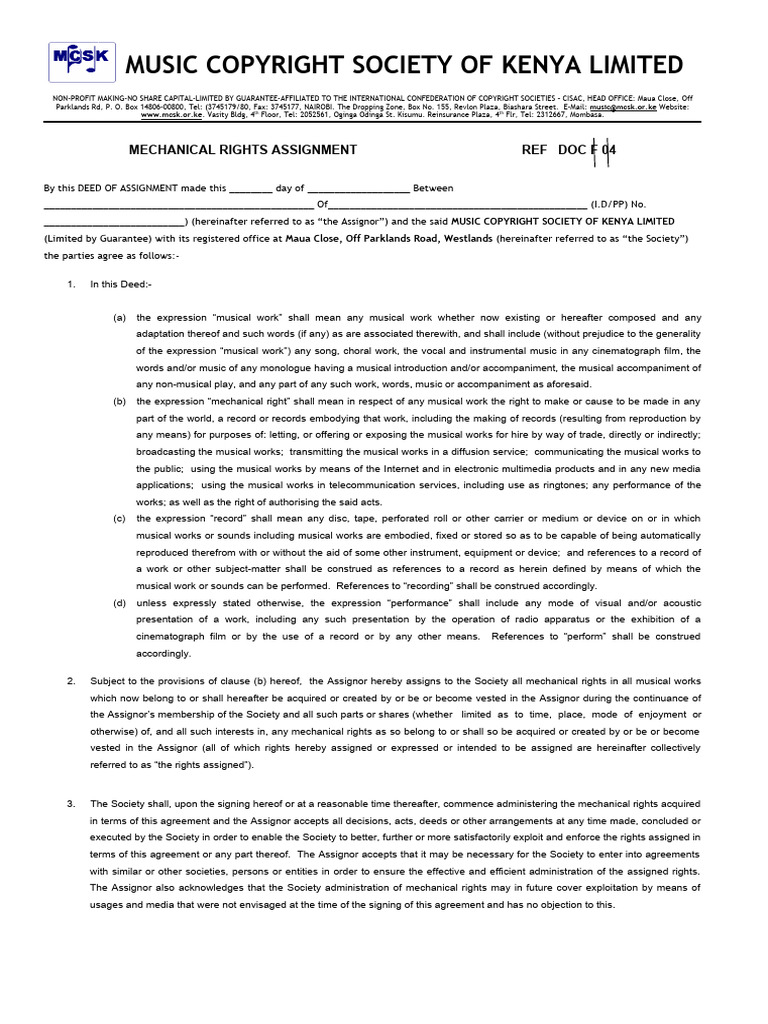 Mechanical Rights Form | PDF | Assignment (Law) | License