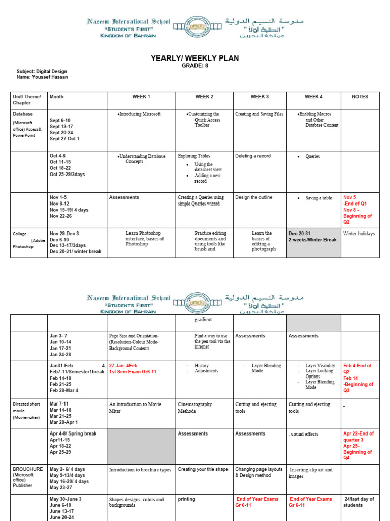 Yearly - Weekly Plan G8 - Youssef G8 | PDF | Adobe Photoshop | Computing