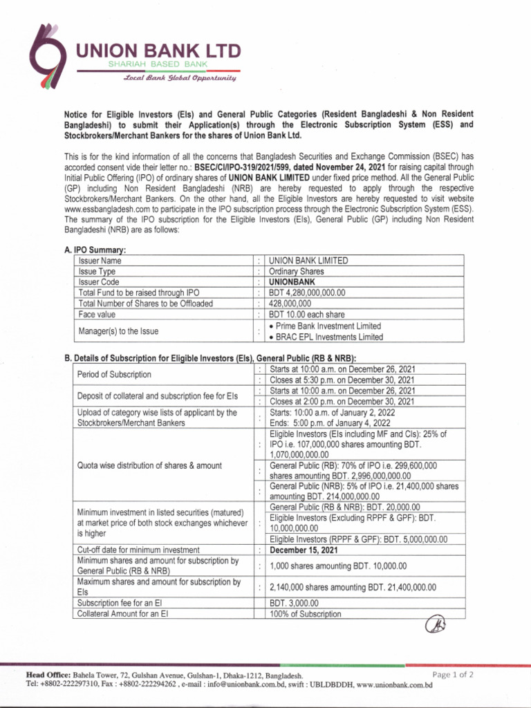 Notice For EI and GP - UNION BANK | PDF