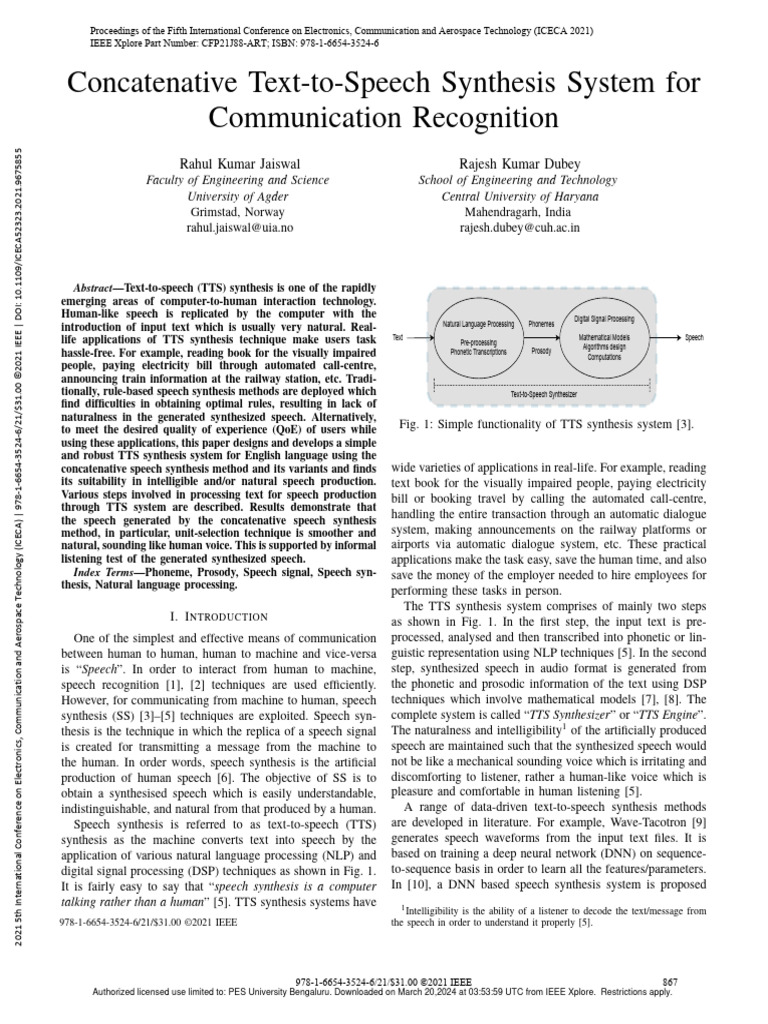 Concatenative Text-to-Speech Synthesis System For Communication Recognition | PDF | Speech ...