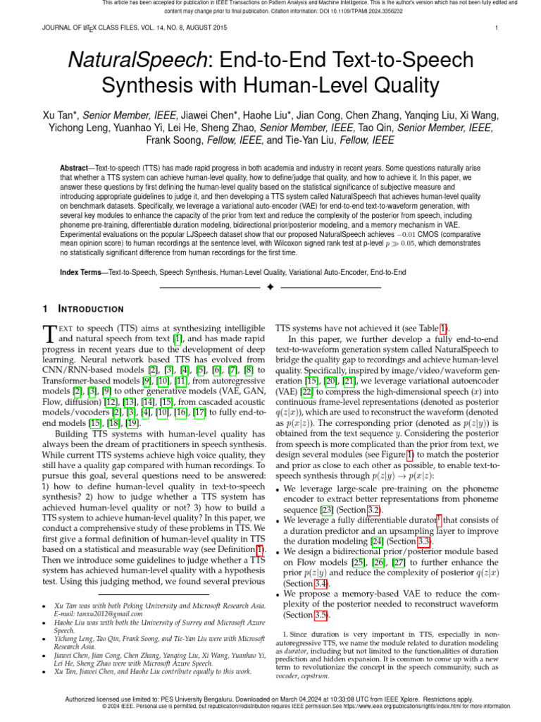 NaturalSpeech End-to-End Text-to-Speech Synthesis With Human-Level Quality | PDF | Speech ...