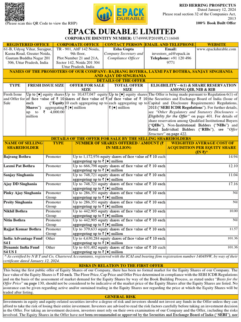 EPACK Durable Limited RHP | PDF | Stocks | Investing