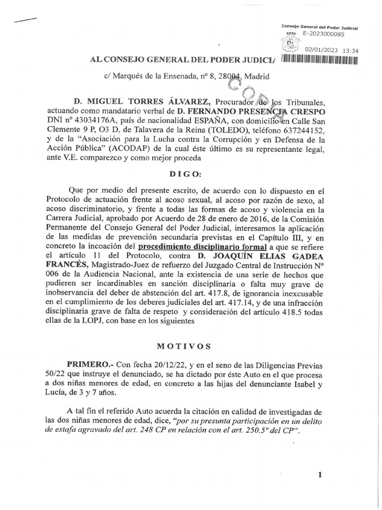 JUSTIFICANTE DE PRESENTACION DENUNCIA JUEZ GADEA CGPJ_093206 | PDF