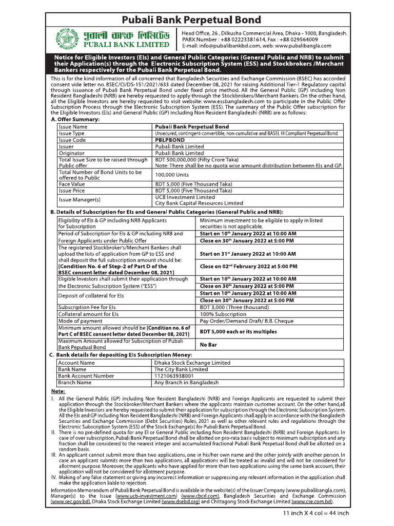 Pubali Bank P-Bond - Notice | PDF