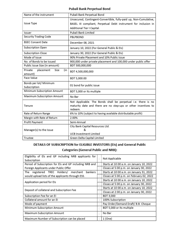 Executive Summary - Pubali Bank Perpetual Bond | PDF | Bonds (Finance) | Banks