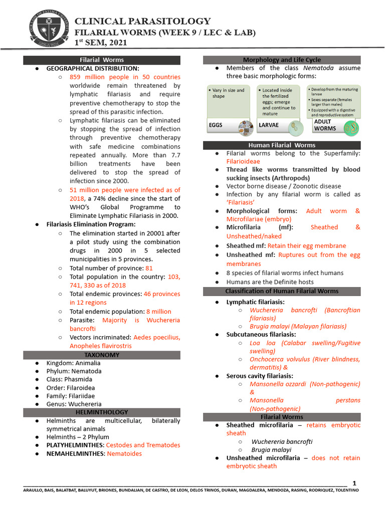 Filarial Worms (Lec&Lab) | PDF | Parasitology | Clinical Medicine