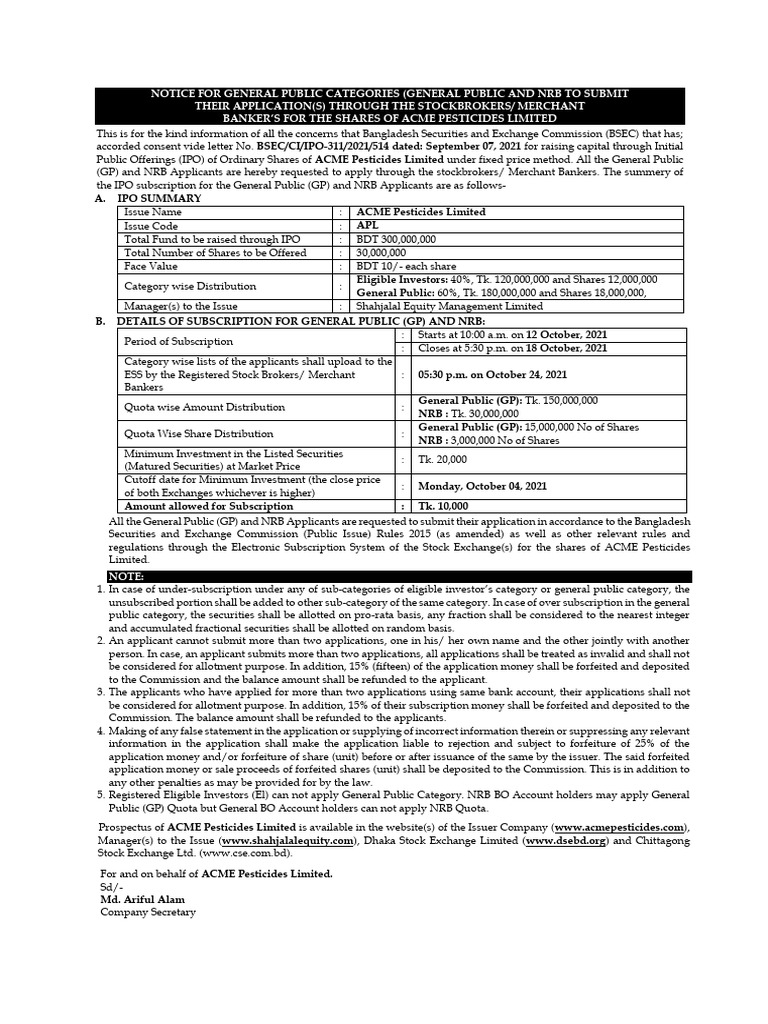 IPO-Notice ACME | PDF | Stocks | Securities (Finance)