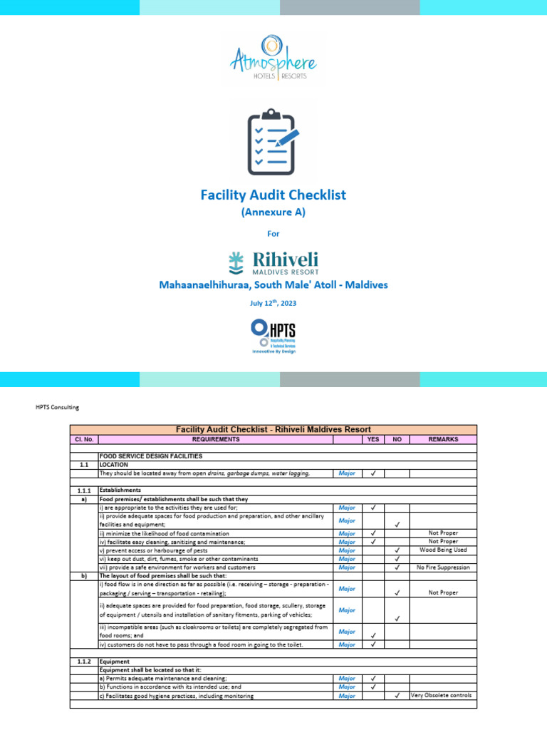 Hotel Facility Audit Checklist | PDF | Drinking Water | Water