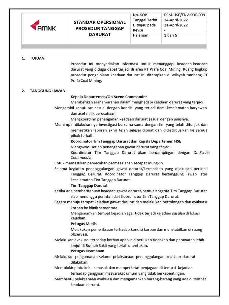 Prosedur Tanggap Darurat PT Prafa Coal | PDF