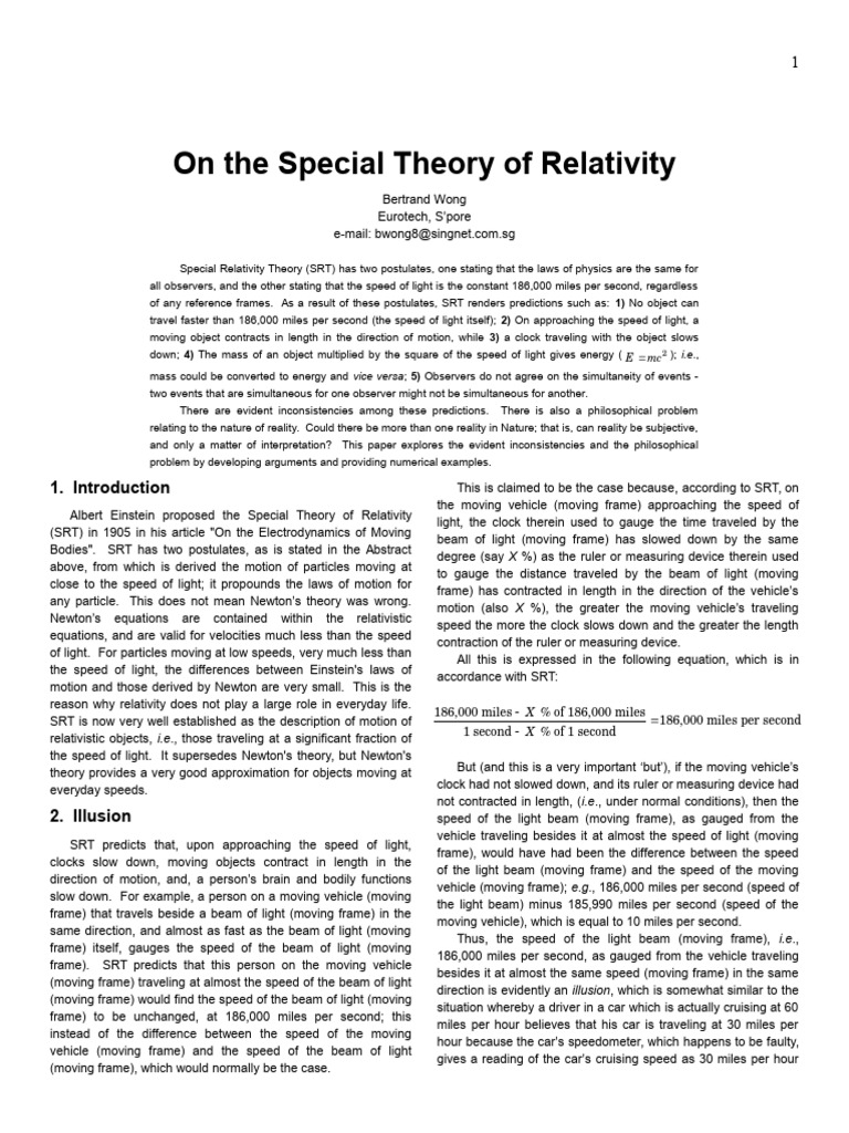 On The Special Theory of Relativity | Download Free PDF | Special Relativity | Speed Of Light