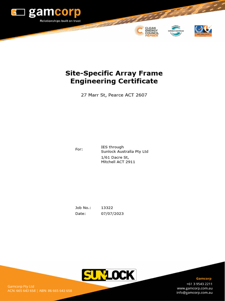 Sunlock Site Specific Array Frame Certificate - IES - Marist SPA - A ...