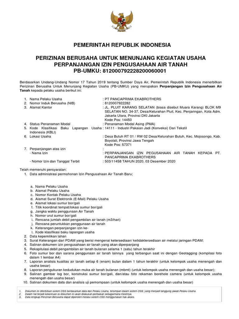 PT Pancaprima Boyolali-Izin Sipa Ext 2027 | PDF