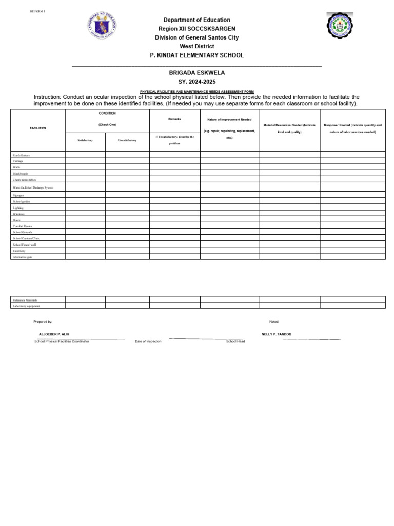 Brigada Eskwela 2024-2025 Assessment Form | PDF