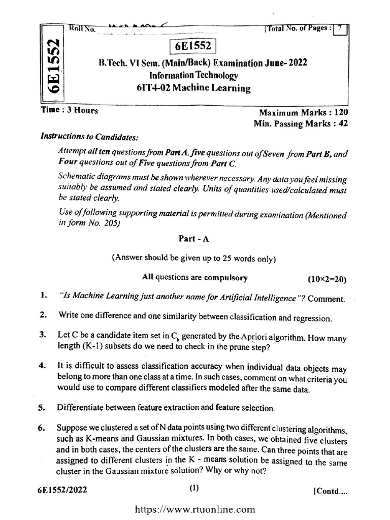 Btech It 6 Sem Machine Learning 6e1552 Jun 2022 | PDF