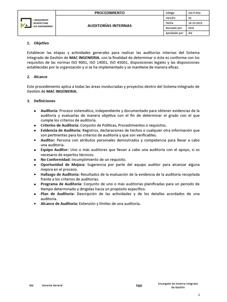 SIG-P-002 Auditorias Internas Vs02 | PDF | Auditoría | Contralor