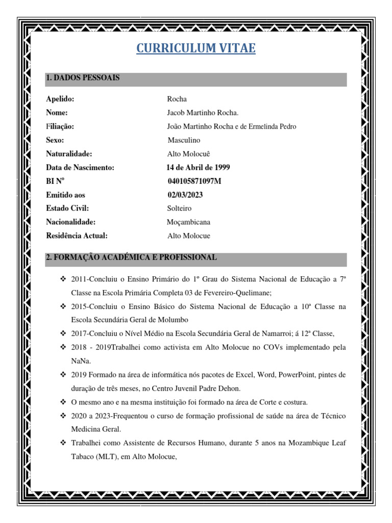JACOB CV Completo | PDF | Ensino médio