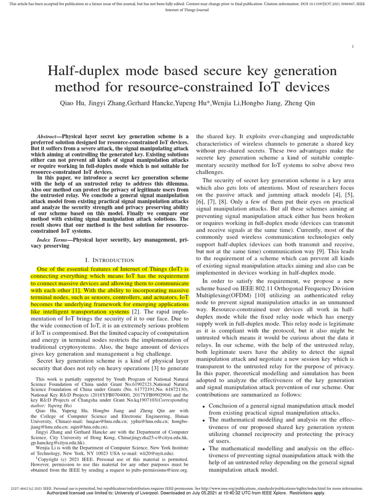 Half-Duplex Mode Based Secure Key Generation Method For Resource-Constrained Iot Devices ...