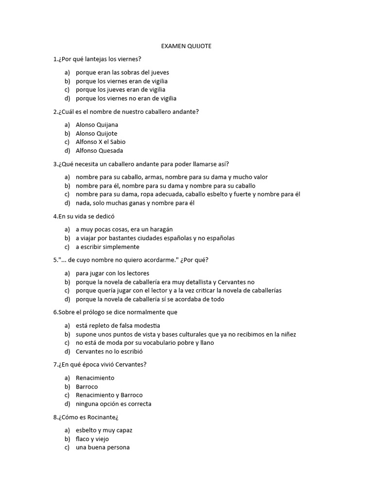 Examen Quij | PDF | Miguel De Cervantes | Don Quijote