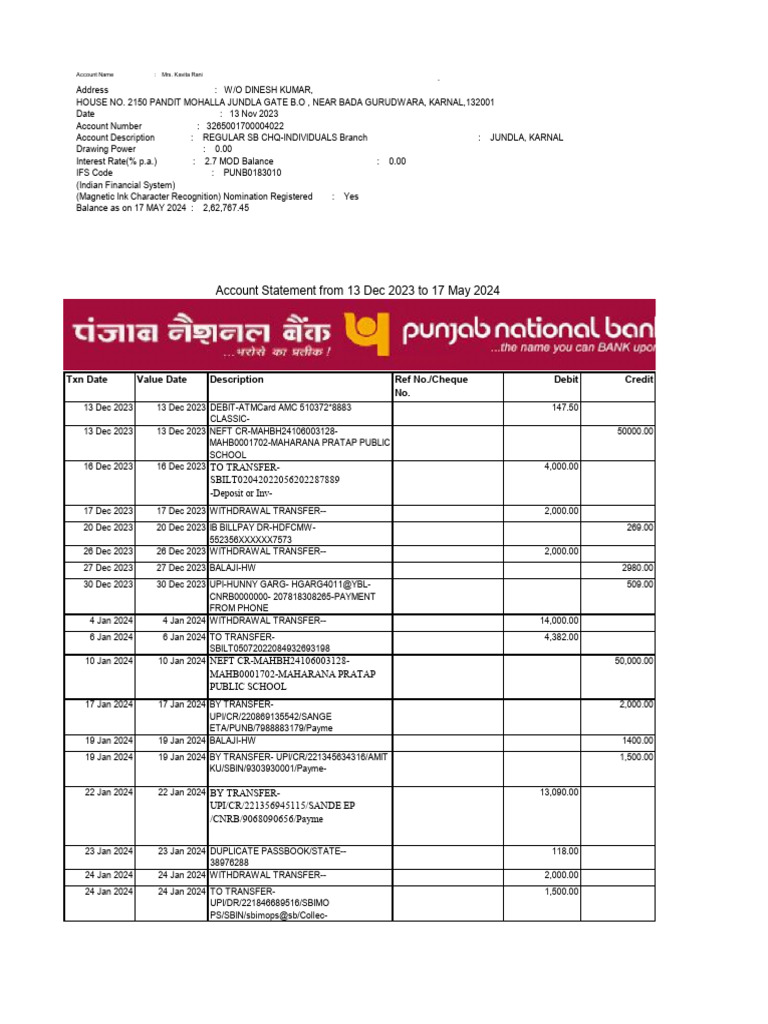 PNB STMT (Kavit) | PDF | Personal Identification Number | Banking