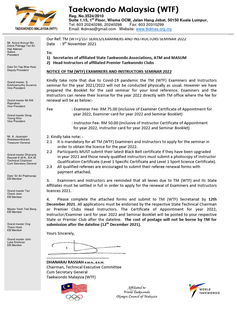 TM (WTF) Seminar Notice 2022 | PDF | Korean Martial Arts | Taekwondo