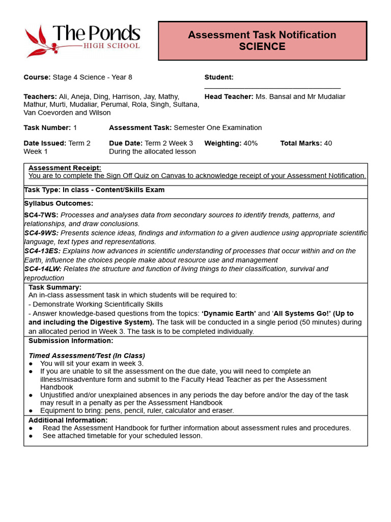Year 8 Notification Assessment Task 1-1 | PDF | Science | Cognition