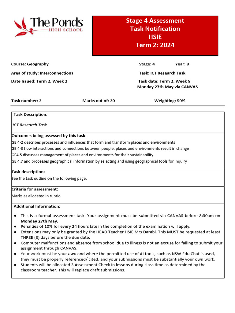 2024 Task 2 Year 8 Geo - ICT Task Notification | PDF | Educational ...