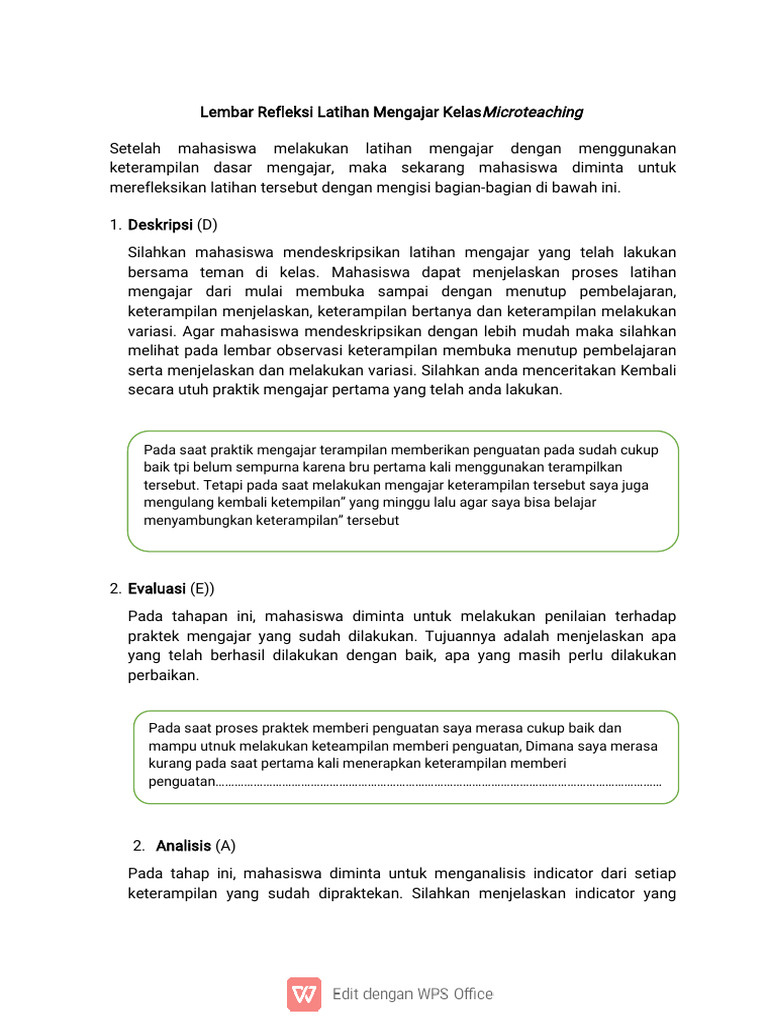 Lembar Refleksi Latihan Mengajar Kelas Microteaching | PDF