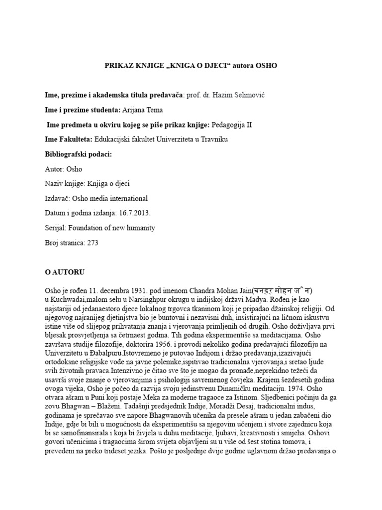 OSHO Knjiga o Djeci Prikaz Knjige | PDF