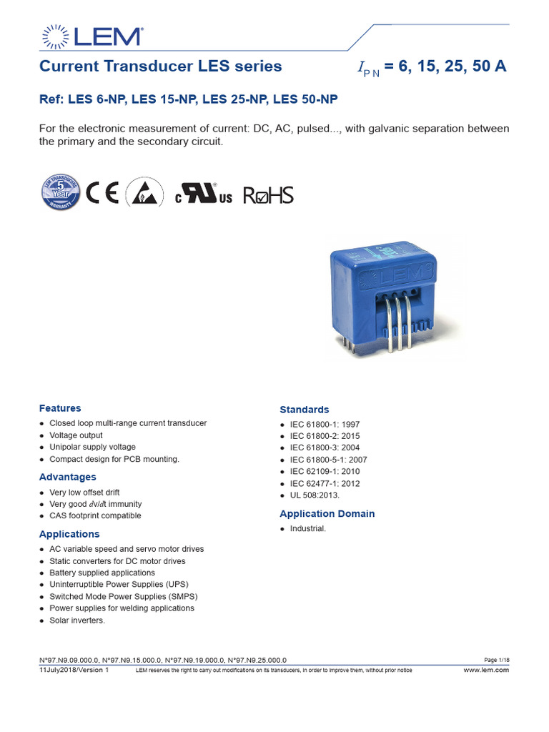 LES Series Current Transducers Overview | PDF | Power Supply | Voltage