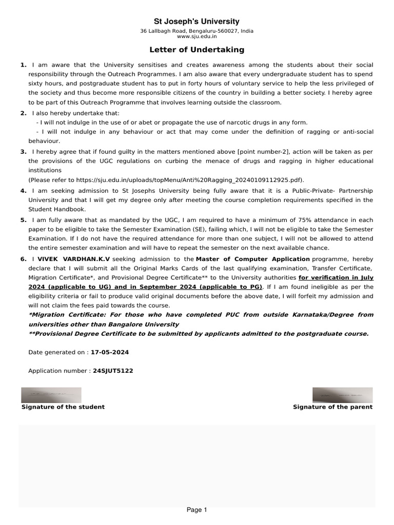 ST Joseph's University: Letter of Undertaking | PDF | Postgraduate ...