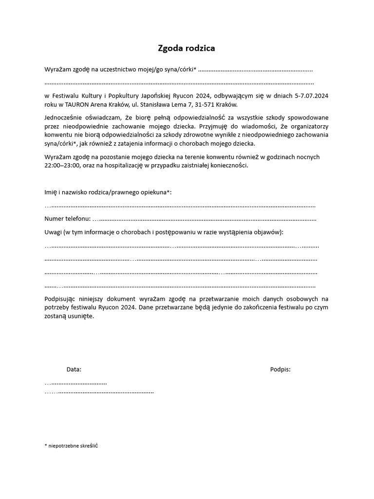 Zgoda Rodzica Ryucon 2024 | PDF