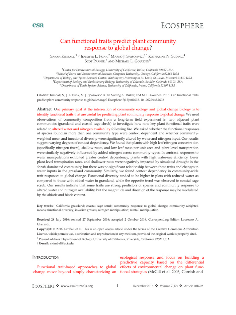 Can Functional Traits Predict Plant Community | PDF | Ecosystem | Ecology