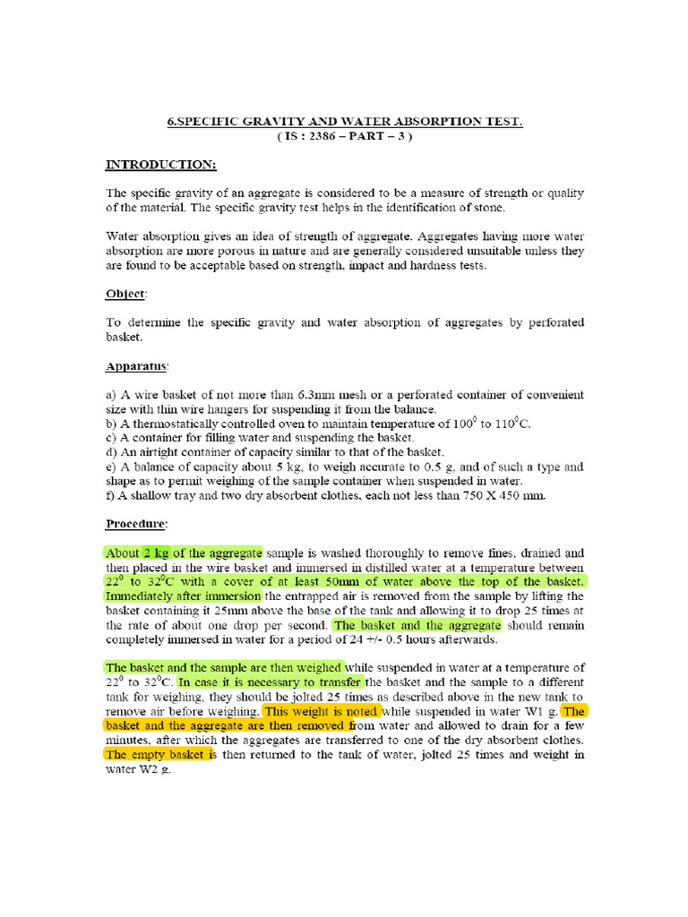 Specific Gravity & Water Absorption Test | PDF | Water | Nature