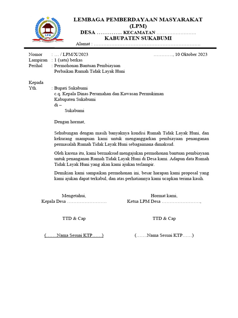 Format Surat Permohonan Bantuan RTLH-LPM | PDF