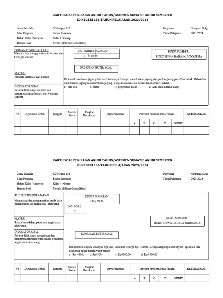 Kartu Soal Sas Genap Kls 4 | PDF