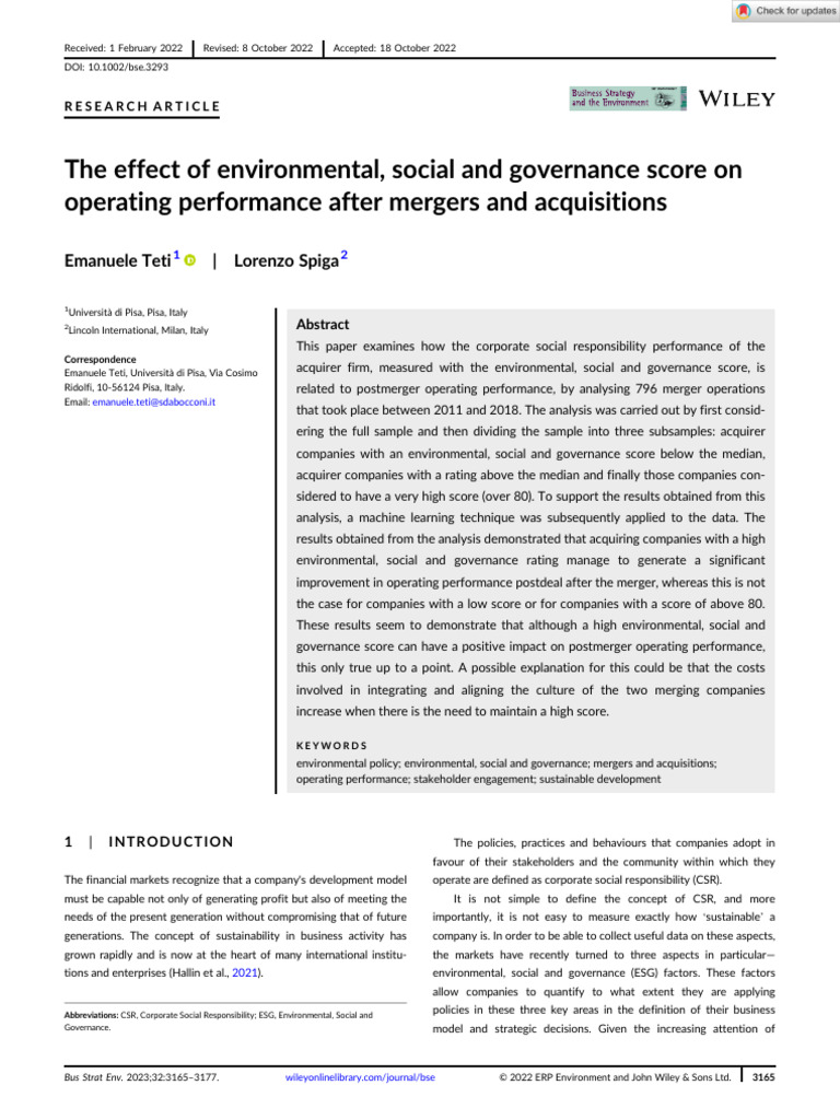 Bus Strat Env - 2022 - Teti - The Effect of Environmental Social and Governance Score On ...