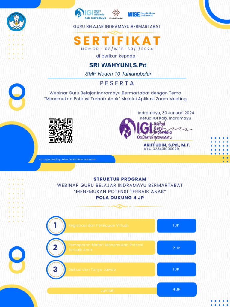 Sertifikat SRI WAHYUNI, S.PD Peserta Webinar IGI Kab Indramayu #69 | PDF