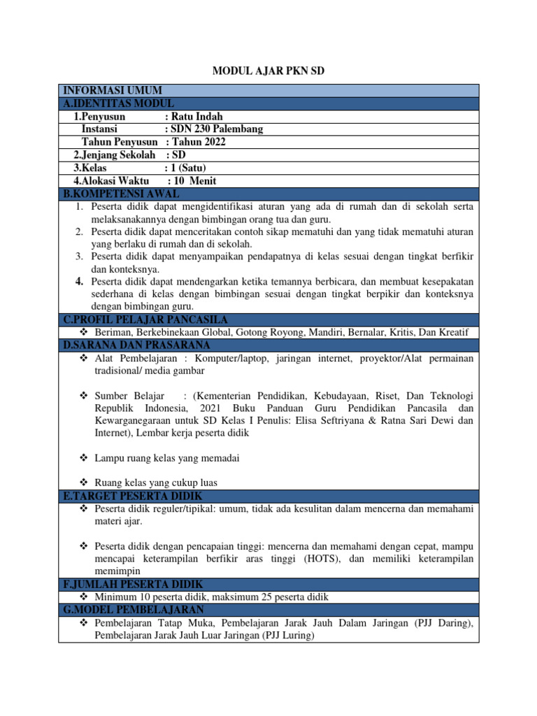 Modul Ajar PKN SD Ratu Indah | PDF | Kesehatan Holistik