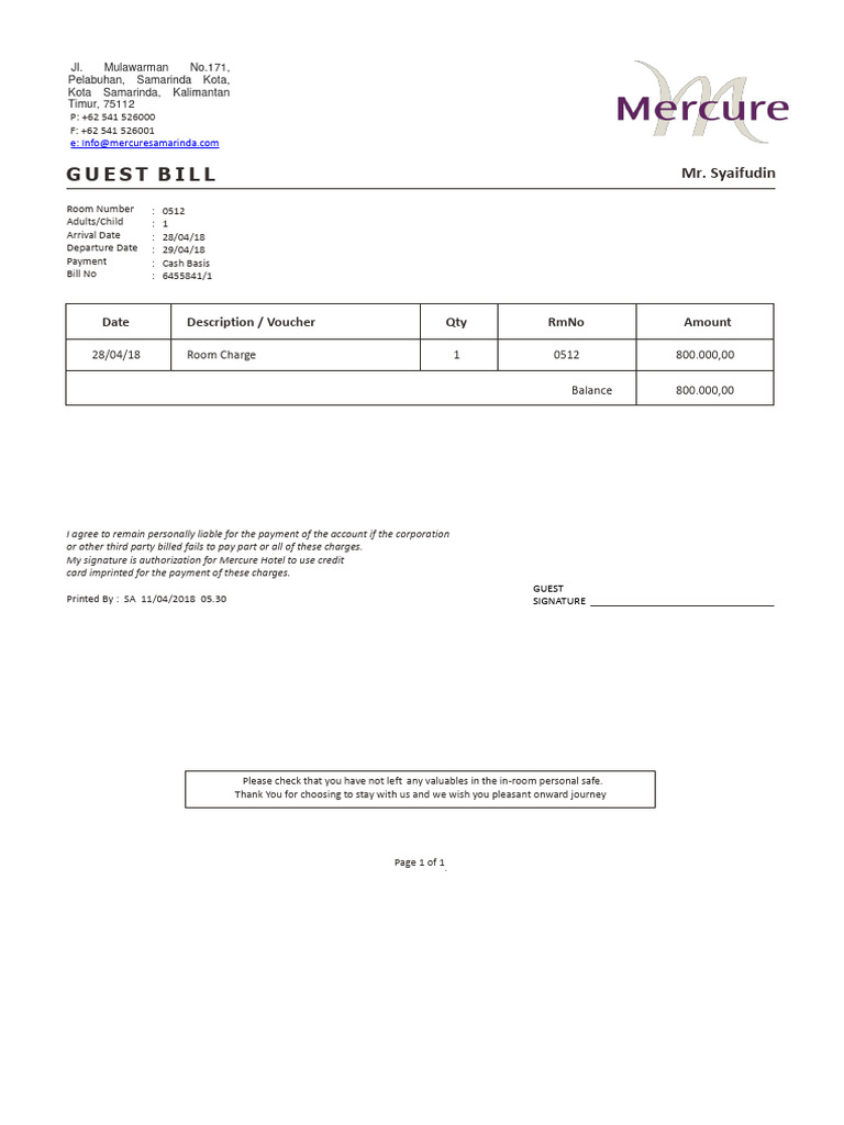 Guest Bill for Mercure Samarinda | PDF