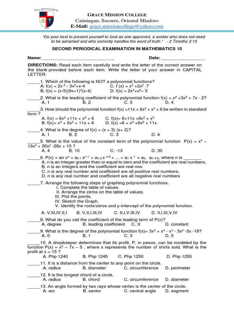 Second Periodical Examination in Mathematics 10 | PDF | Circle | Angle