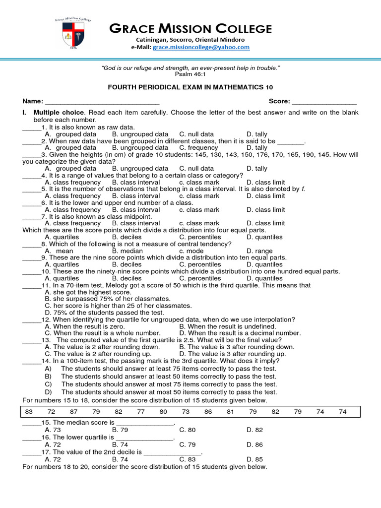 Math 10 4TH Periodical Test | PDF | Quantile | Quartile
