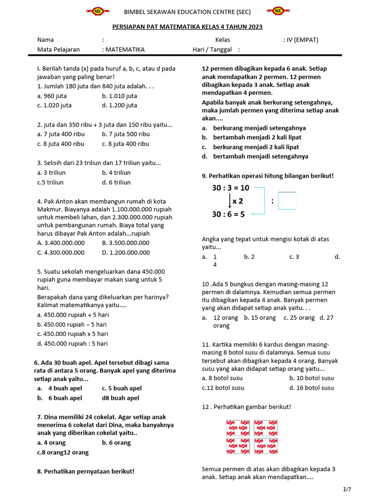 Soal Pat MTK s1 | PDF