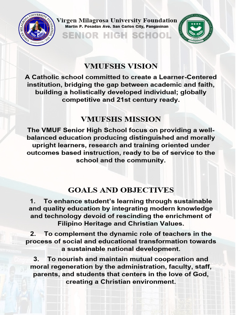 VMUFSHS Mission and Vision Overview | PDF | Religion & Spirituality
