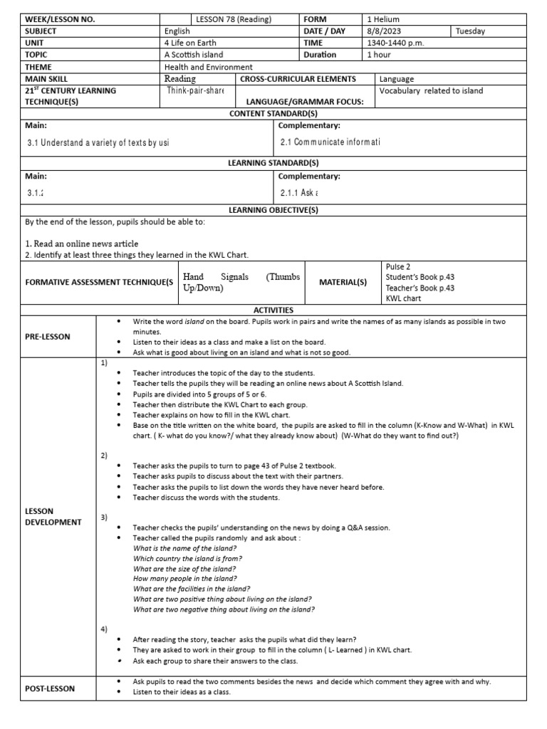 Pulse 2 Student's Book p.43 Teacher's Book p.43 KWL Chart | Download ...