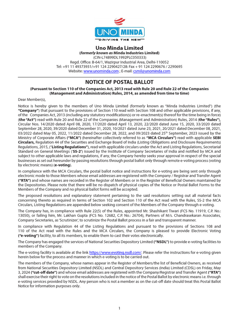 Uno Minda Limited Postal Ballot Notice | PDF | Login | Electronic Voting