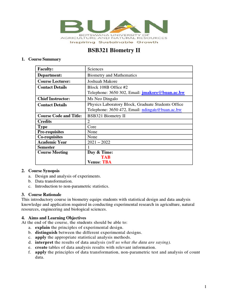 Course Outline BIOMETRY 2 BSB321 AY2021-2022 SEMESTER 1 | PDF | Design Of Experiments ...