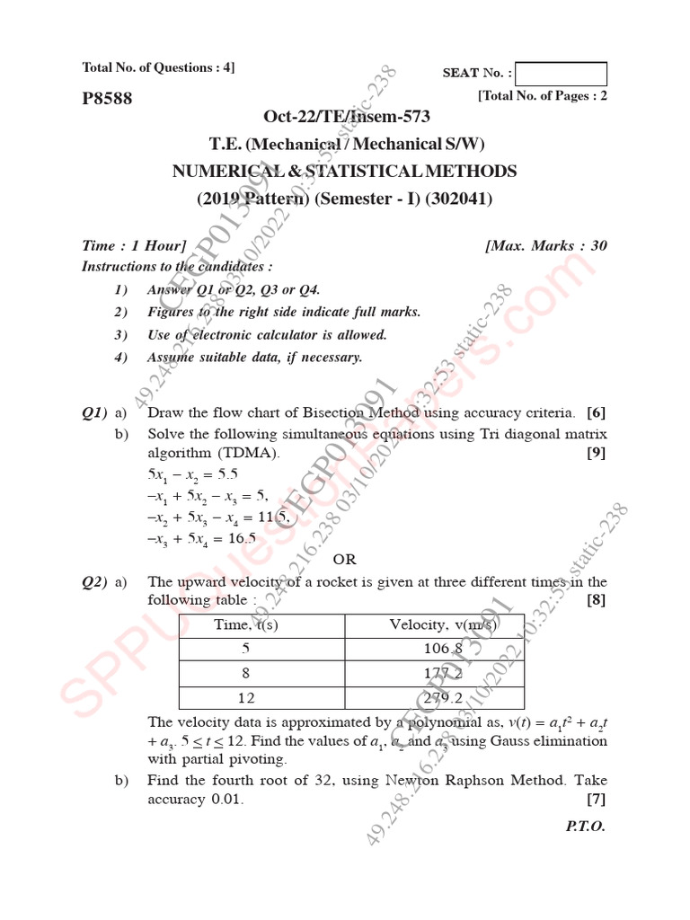 Be - Mechanical Engineering - Semester 5 - 2022 - October - Numerical and Statistical Methods ...