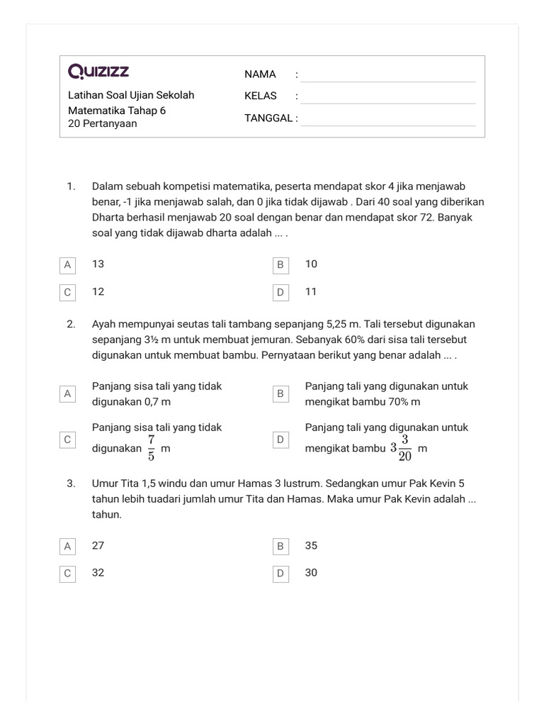 Latihan Soal Ujian Sekolah Matematika Tahap 6 VV | PDF