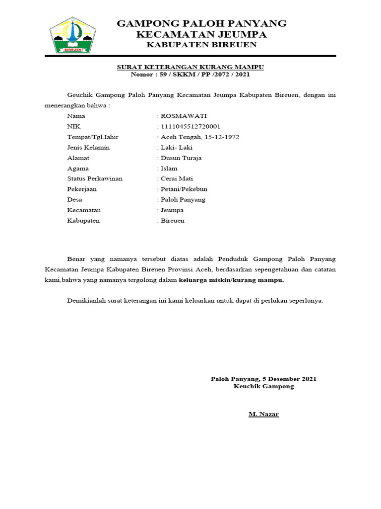 Surat Keterangan Kurang Mampu Rosmawati | PDF