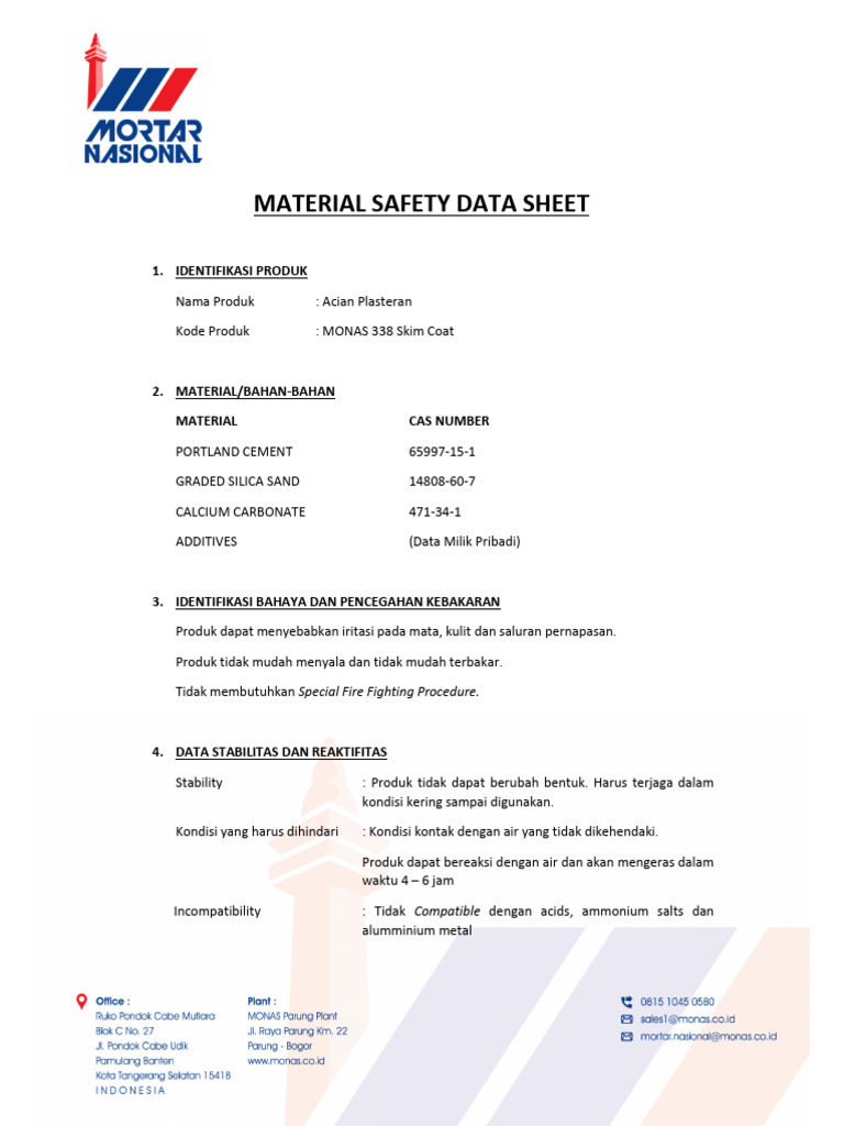 MSDS Monas 338 Skim Coat | PDF